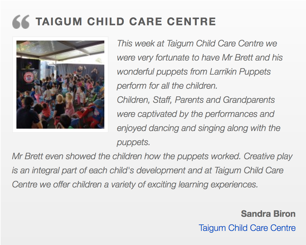Childcare Kindy C&K Puppet Shows - Larrikin Puppets